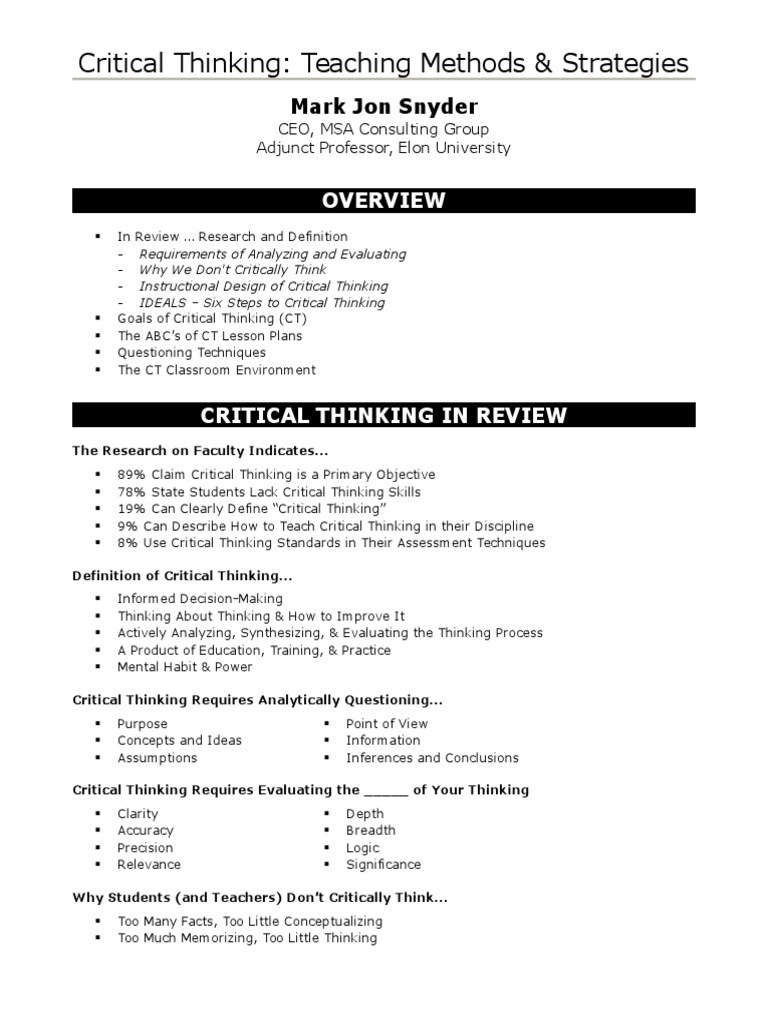 HANDOUT - Critical Thinking - Teaching Methods and Strategies | PDF | Critical Thinking ...