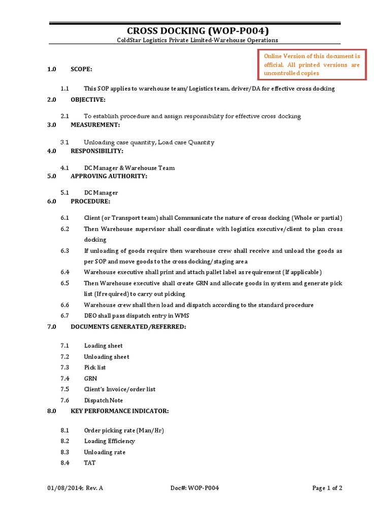 Cross Docking Procedure | PDF | Warehouse | Logistics