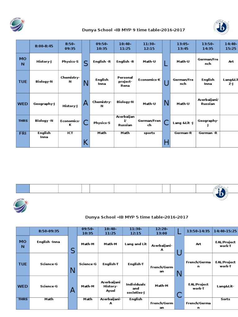 Myp Schedule 2016-17 New Final | PDF