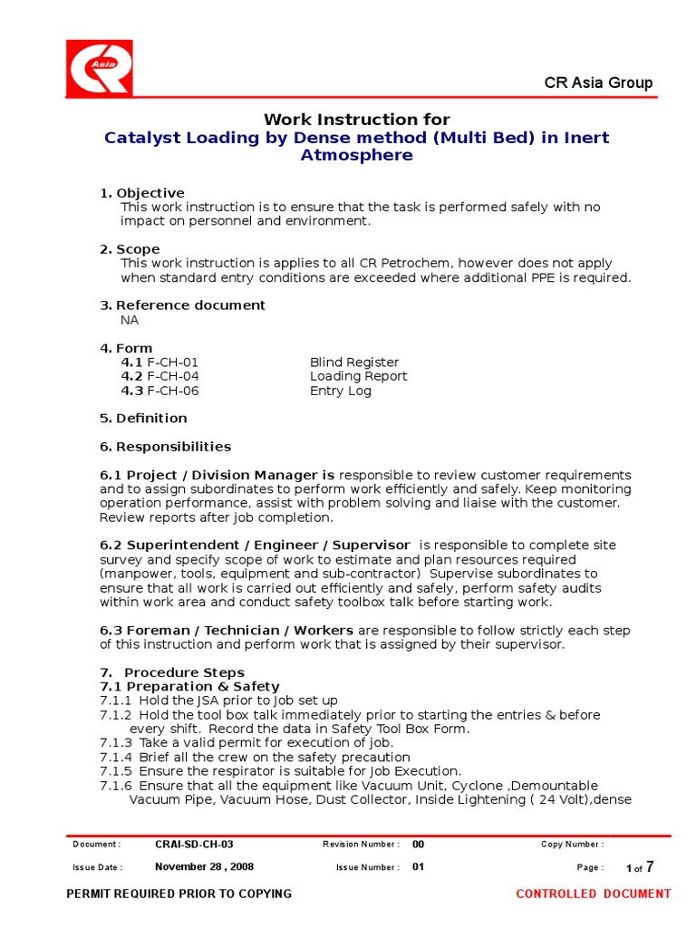 Dense Catalyst Loading Work Instruction | PDF | Housekeeping | Personal ...