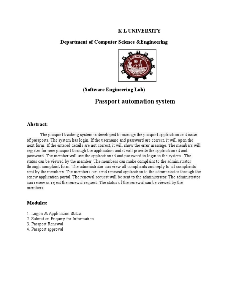 Passport Automation System: K L University Department of Computer ...