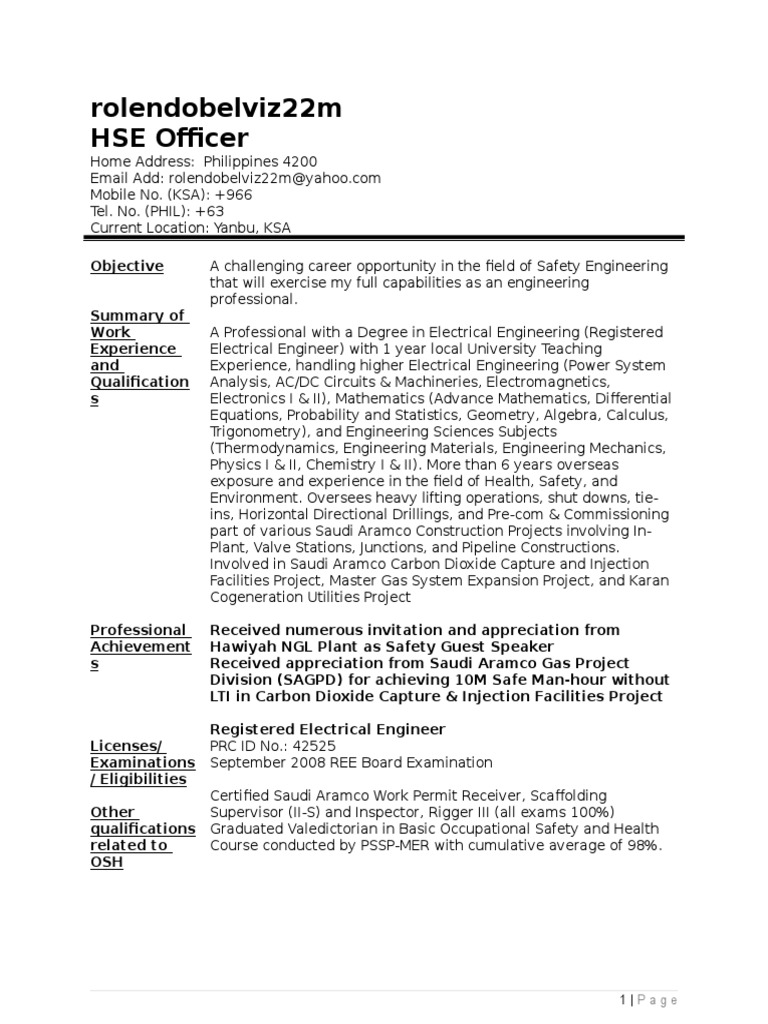 HSE CV Draft | PDF | Occupational Safety And Health Administration ...