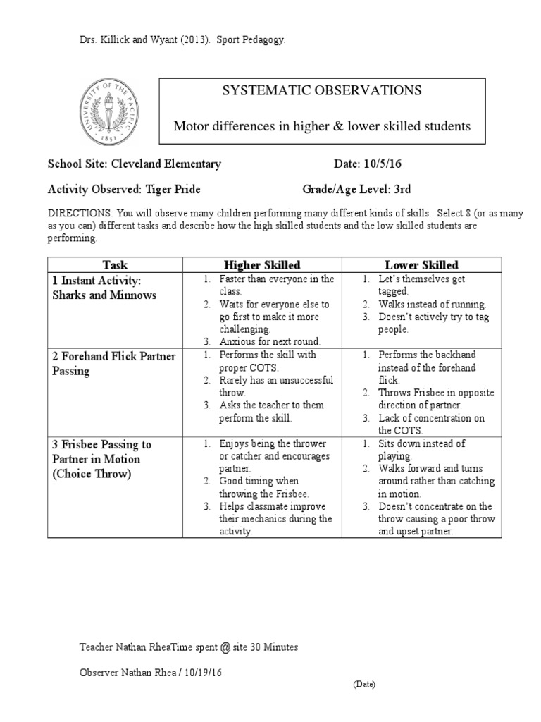 Motor Skills in 3rd Grade PE | PDF