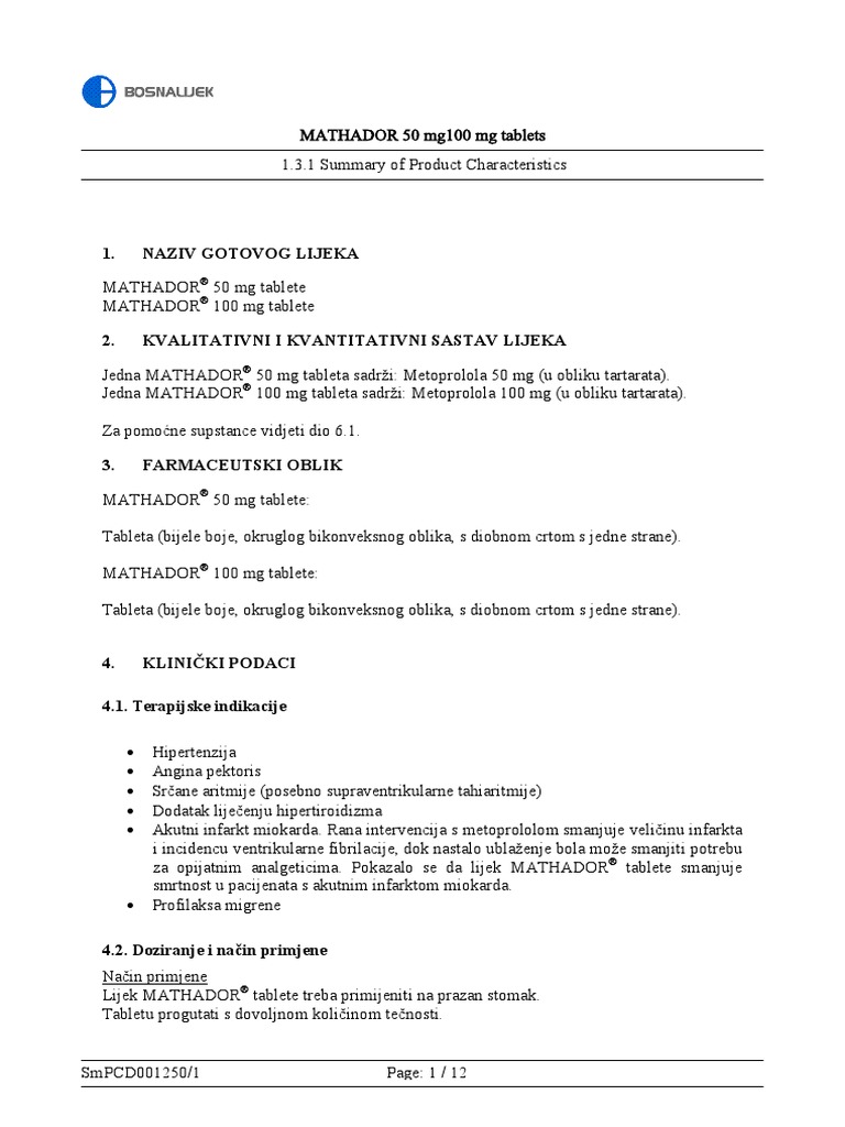 Sazetak Karakteristika Lijeka Mathador TBL 30 X 50 MG 100 MG | PDF