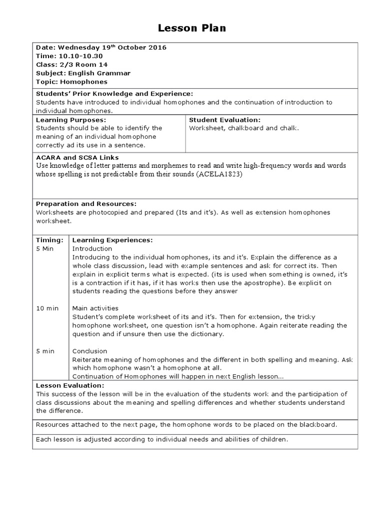 Homophones Lesson Plan for Grades 2/3 | PDF