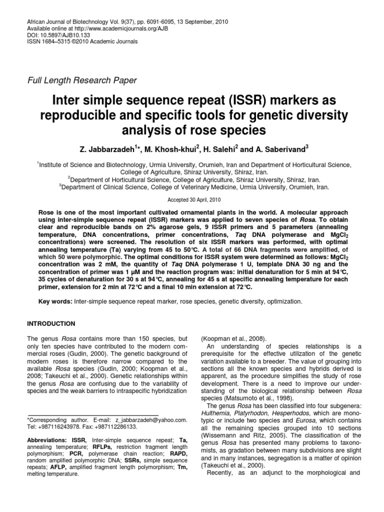 Inter Simple Sequence Repeat (ISSR) Markers As | PDF | Microsatellite | Polymerase Chain Reaction