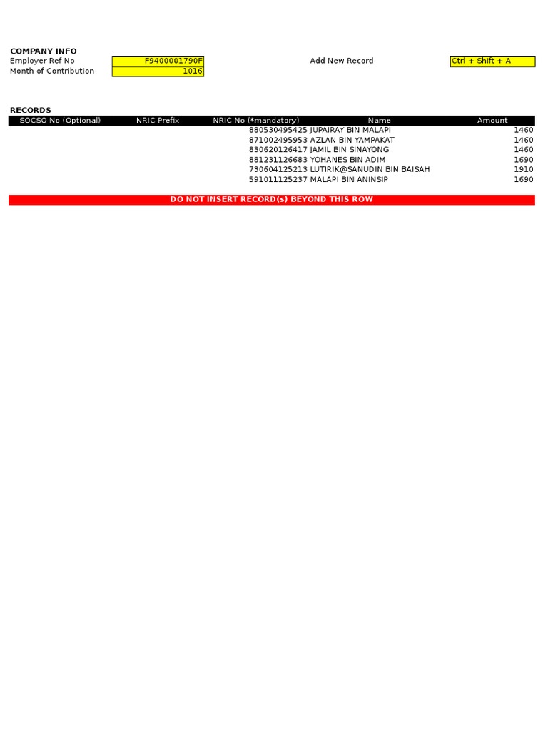 SOCSO No (Optional) NRIC Prefix NRIC No ( Mandatory) Name Amount | PDF
