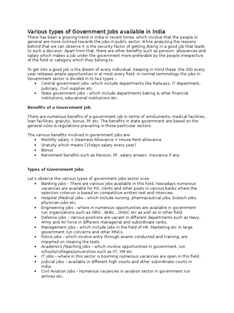 Various Types of Government Jobs Available in India | PDF | Civil ...