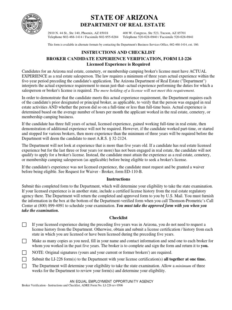 Arizona Broker Candidate Verification Form | PDF | License | Social ...