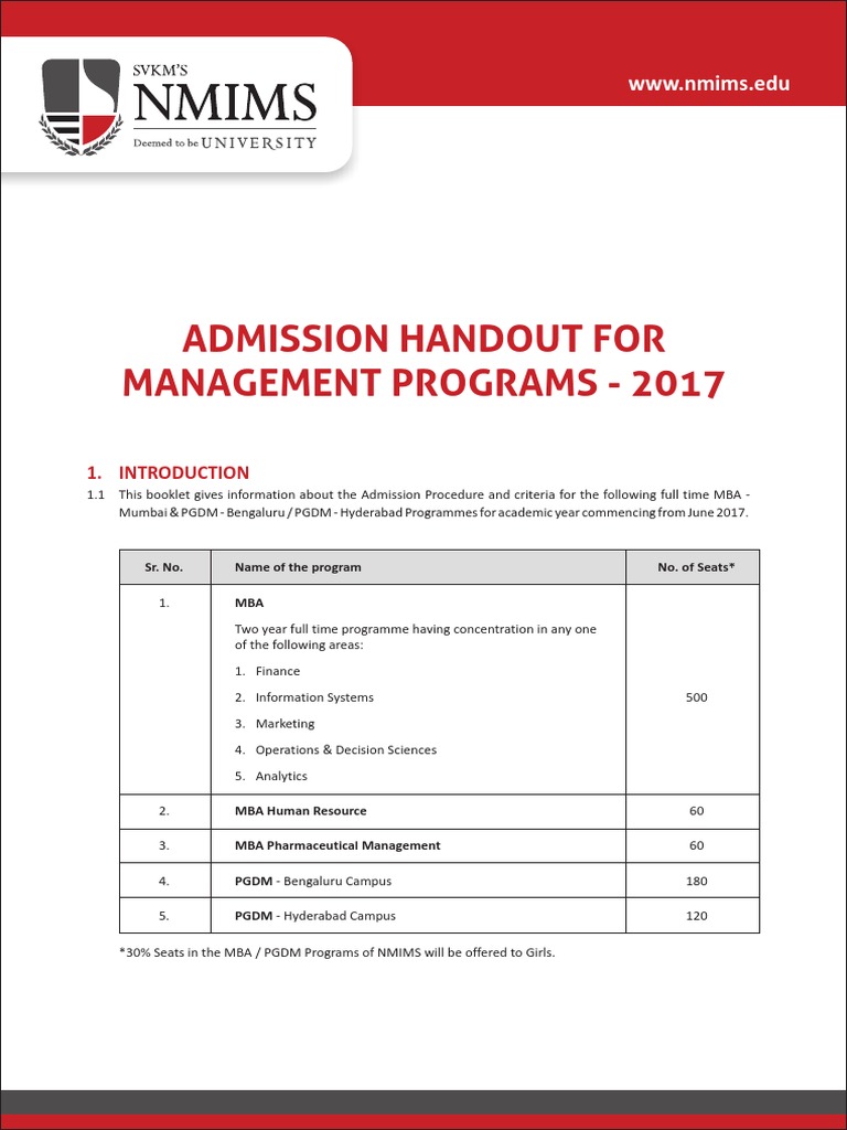 Admission Handout For Management Programs - 2017: WWW - Nmims.edu | PDF