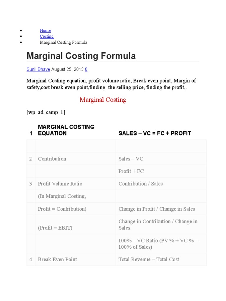Marginal Costing Formula | PDF