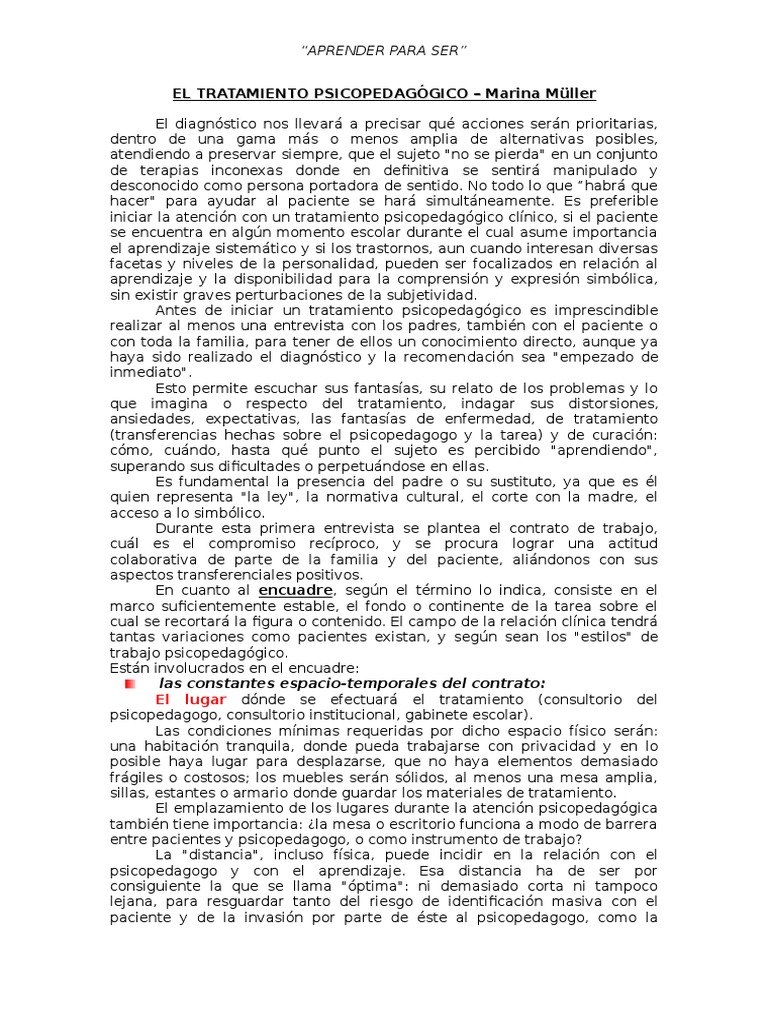 El Tratamiento Psicopedagogico de Marina Muller | PDF | Aprendizaje ...