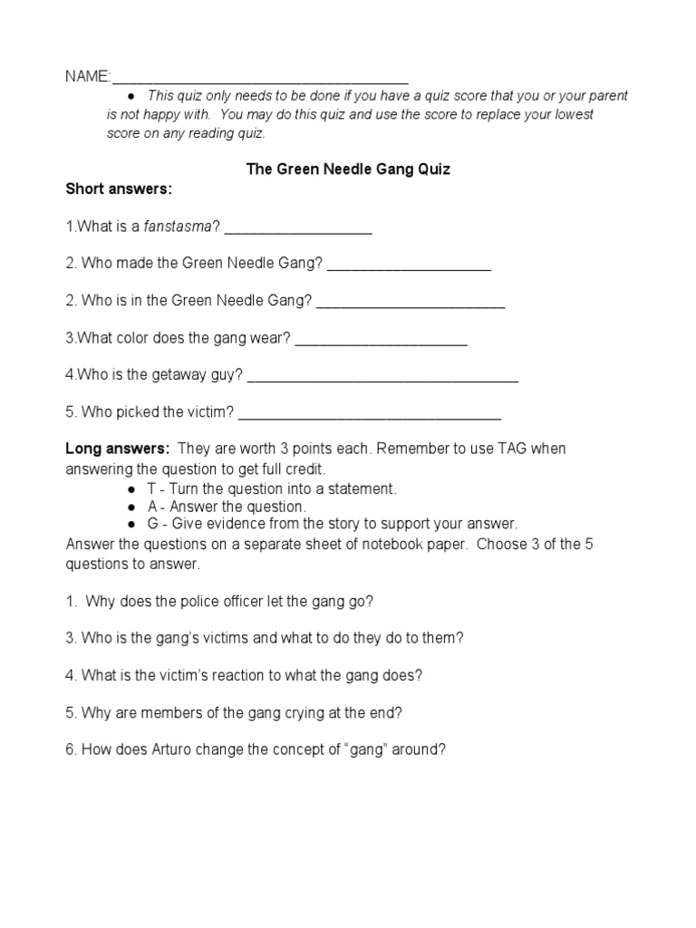 The Green Needle Gang Quiz Short Answers | PDF