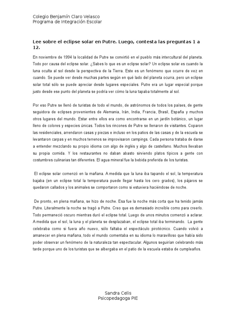 Lee Sobre El Eclipse Solar en Putre Comprension Lectora 5 | PDF ...