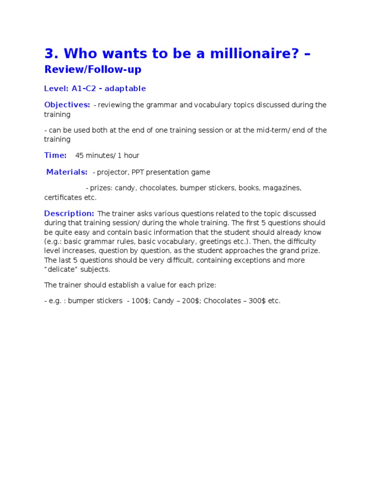 Millionaire Quiz Training Review | PDF