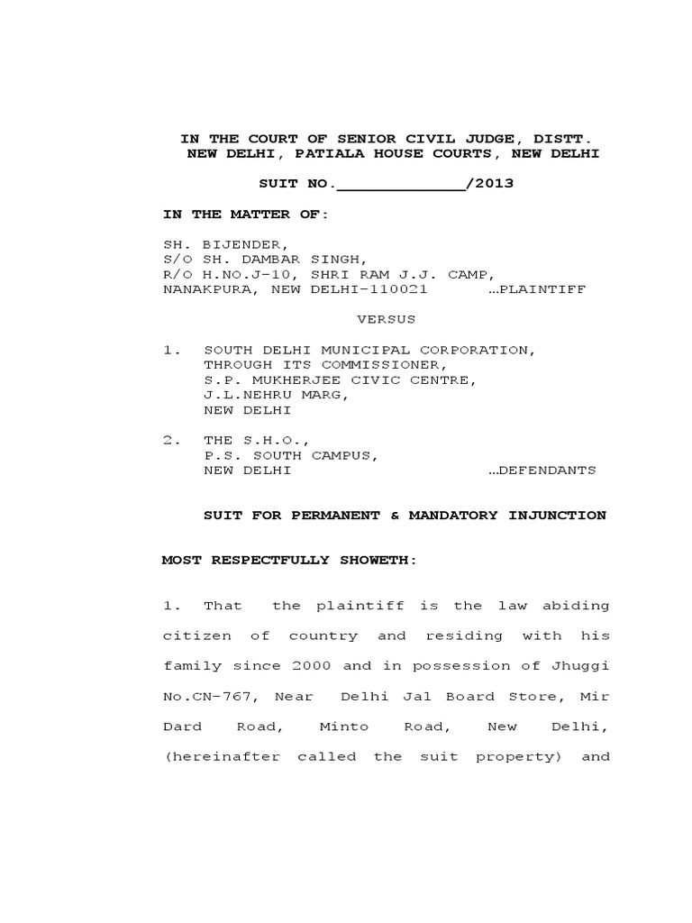 Permanent Injunction Suit in Delhi | PDF | Affidavit | Lawsuit