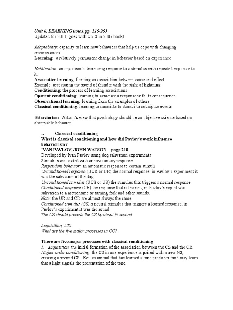 Chapter 8 Learning Notes | PDF | Classical Conditioning | Reinforcement