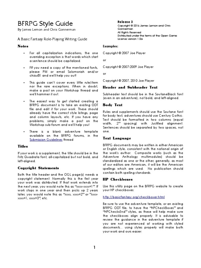 BFRPG Style Guide: A Basic Fantasy Role-Playing Writing Guide Notes ...