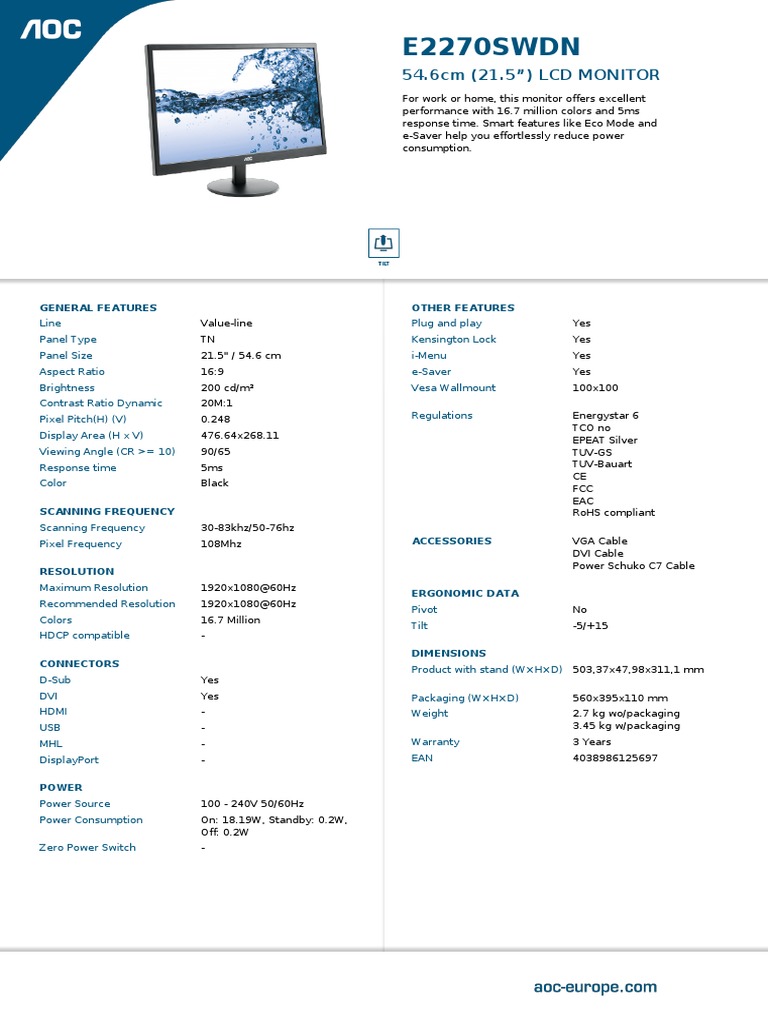 Aoc Monitor E2270SWDN | PDF
