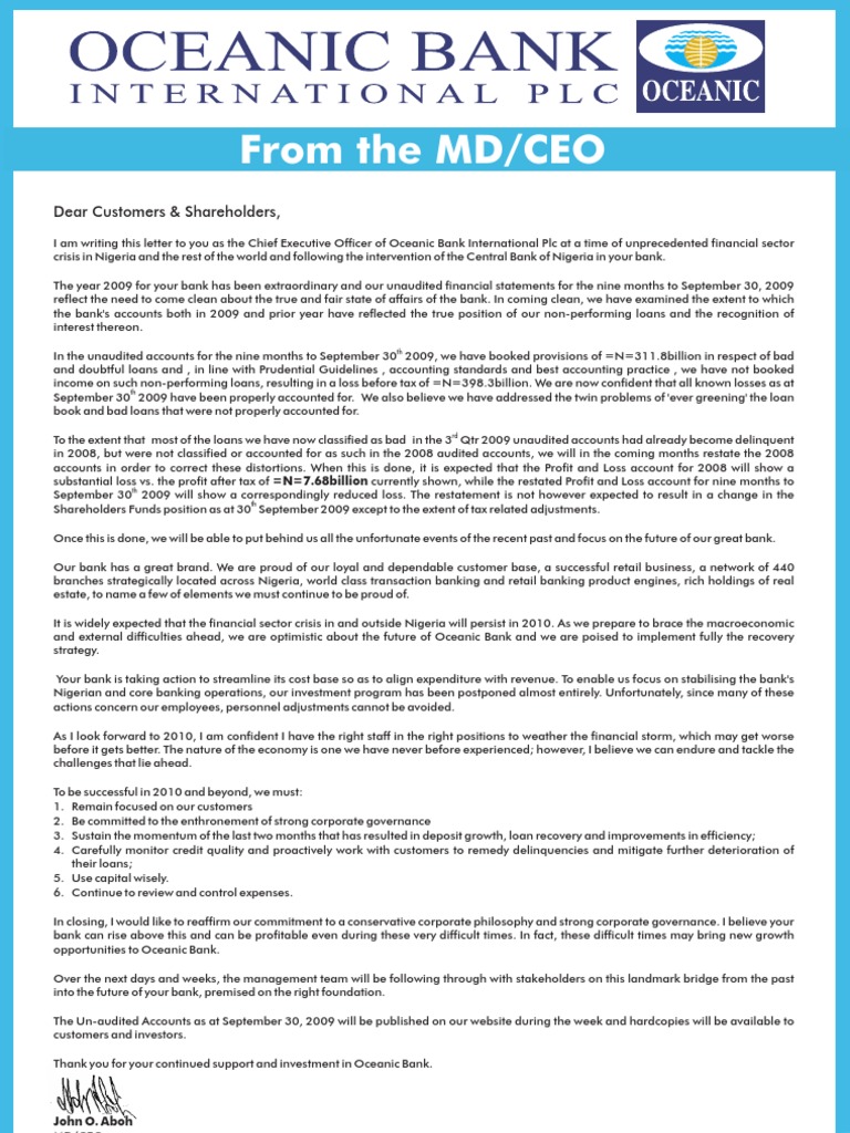 Oceanic Bank - Letter From John Aboh - CEO | PDF | Corporate Governance ...