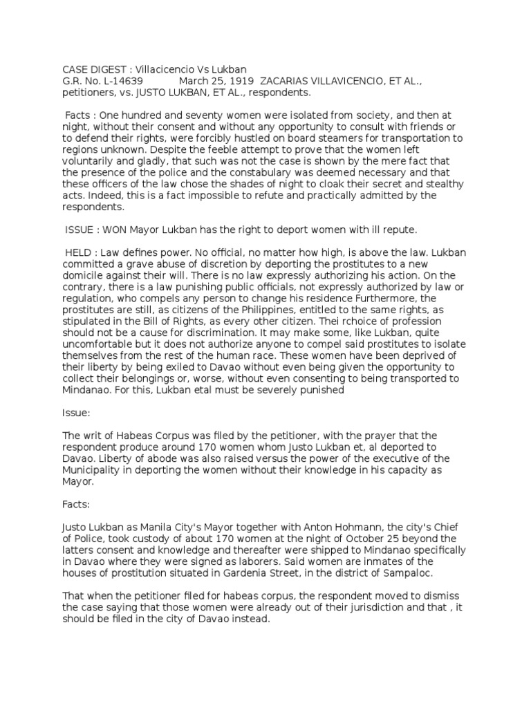 Villavicencio V Lukban Digest | PDF | Habeas Corpus | Writ