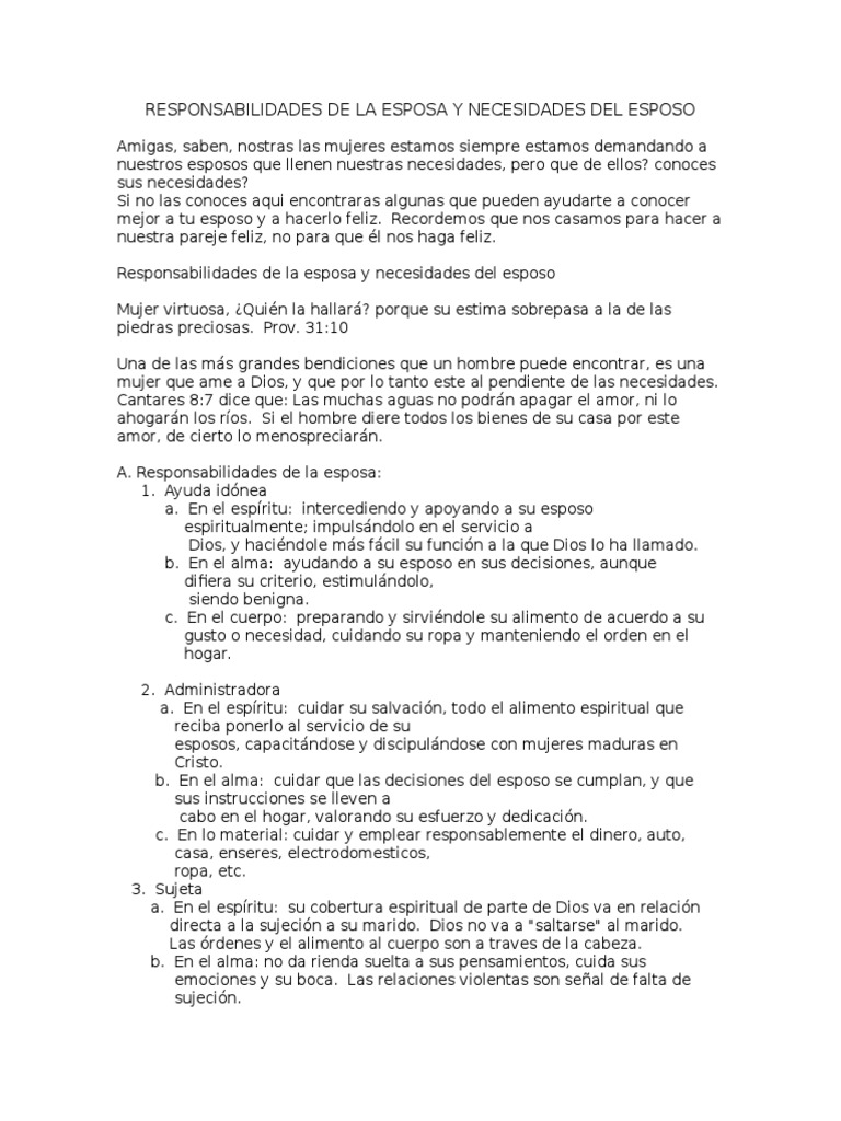 Responsabilidades de La Esposa y Necesidades Del Esposo | PDF | Alma | Amor