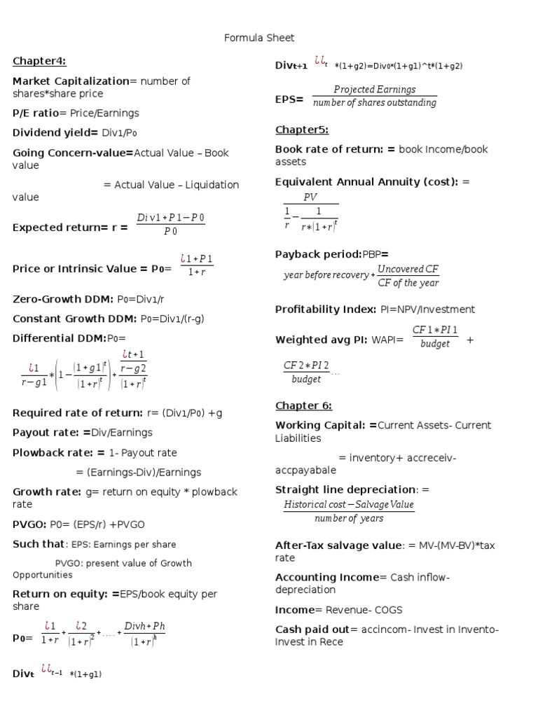 Formulas for Chapter 4,5,6 corporate finance