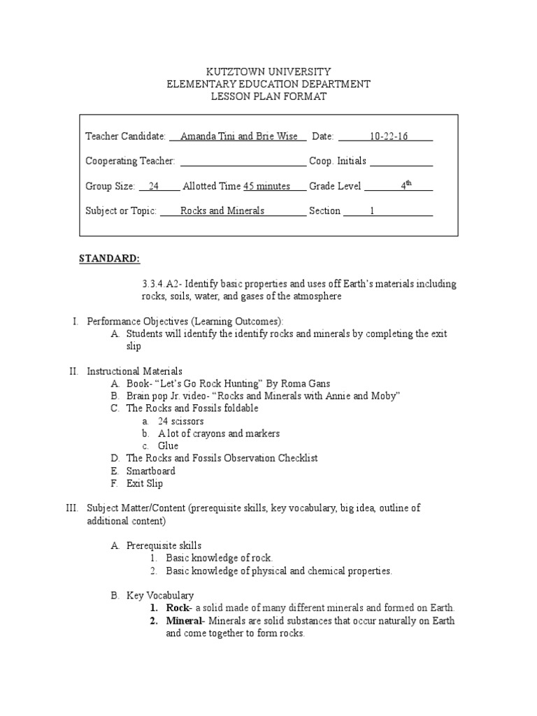 4th Grade Rocks and Minerals Lesson Plan | PDF | Minerals | Educational ...