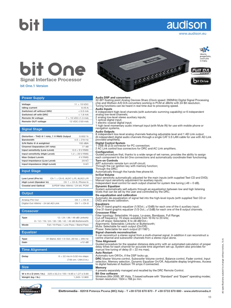 Audison Bit One - Sheet Technical | PDF | Equalization (Audio) | Amplifier