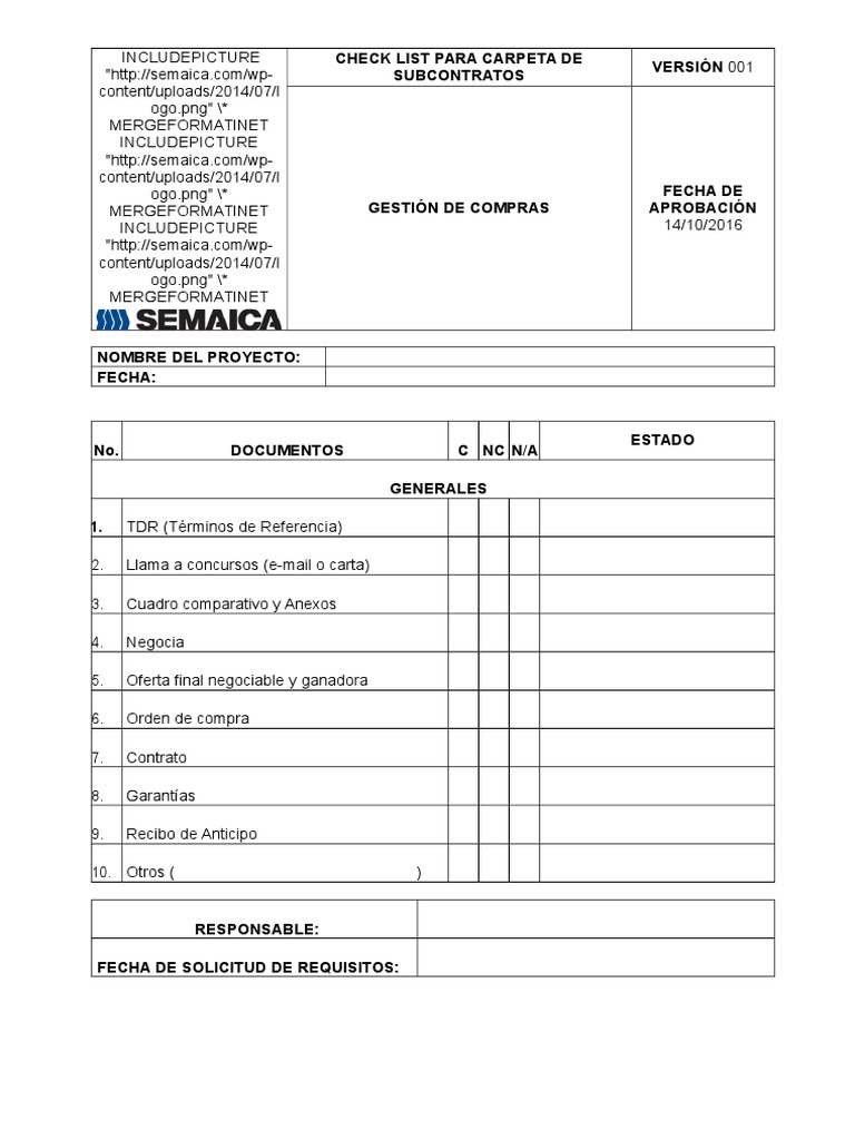 Check List Carpeta de Subcontratos | PDF