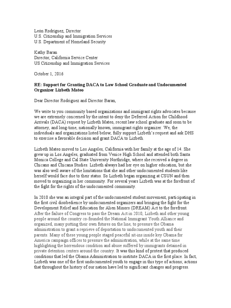 Support for Lizbeth Mateo's DACA | PDF | Deferred Action For Childhood ...