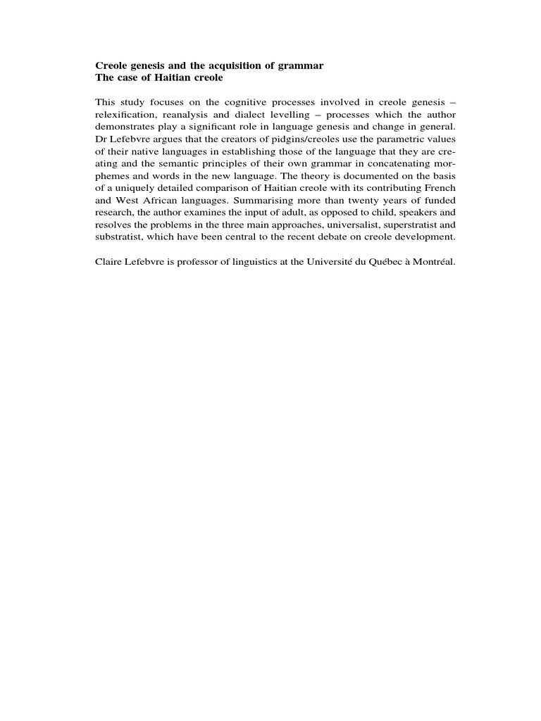 Lefebvre, Claire (1999) Creole Genesis and The Acquisition of Grammar - The Case of Haitian ...
