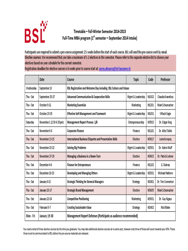 Timetable MBA Sept Intake 1 Semester Fall-Winter 2014-2015 | PDF