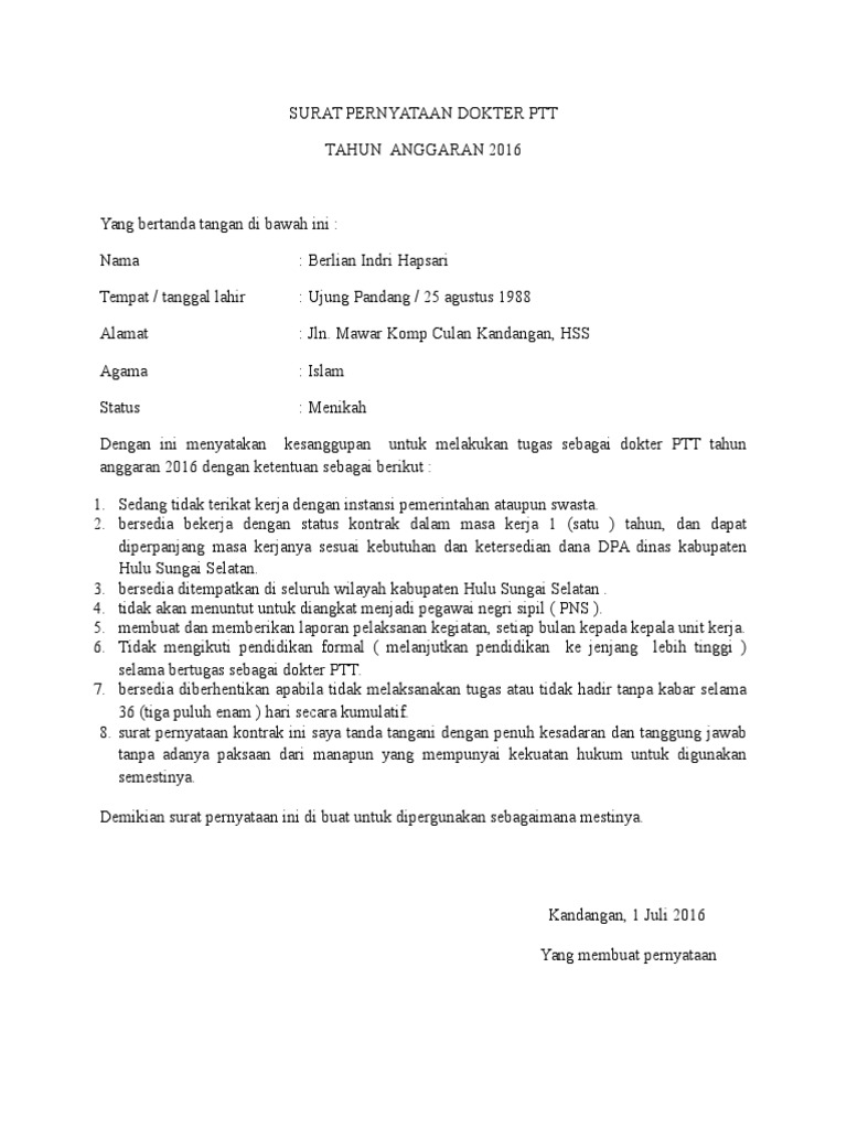 Surat Pernyataan Dokter PTT | PDF