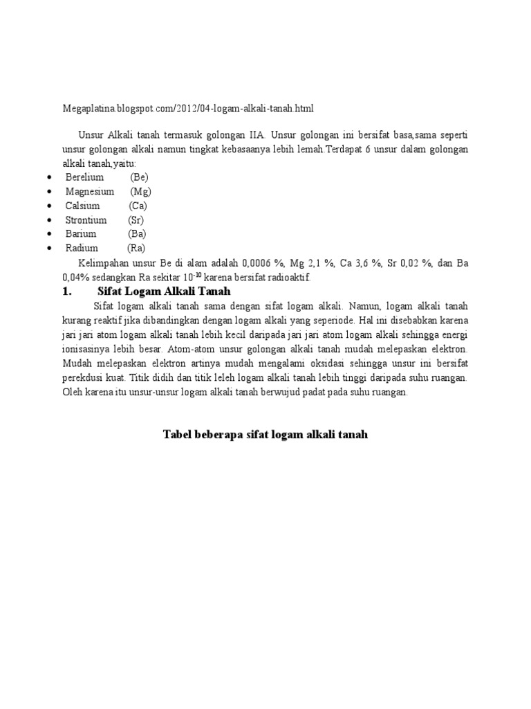 Sifat dan Reaksi Unsur Golongan Alkali Tanah | PDF | Ilmu Sosial ...