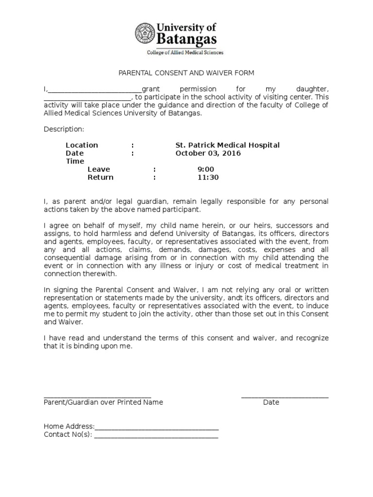 Parental Consent and Waiver Form | Consent | Legal Guardian