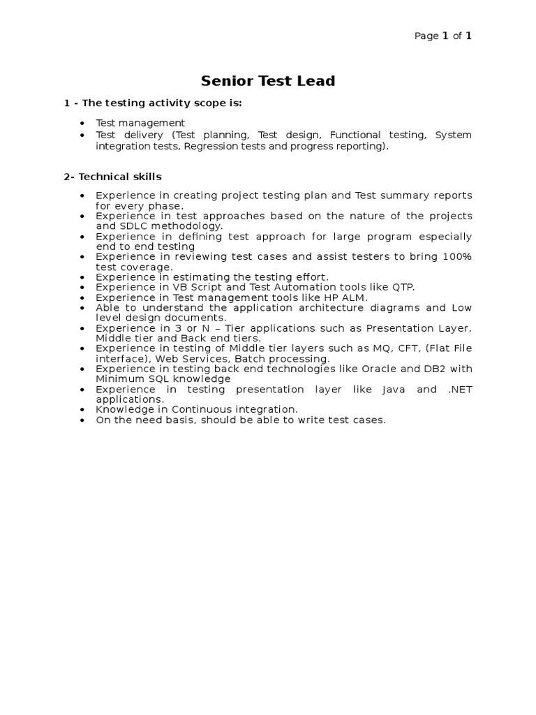 JD - Test Lead V1.0 Sant | PDF