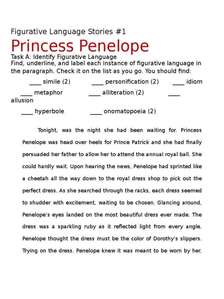 Figurative Language Stories Princess Penelope PDF | Languages