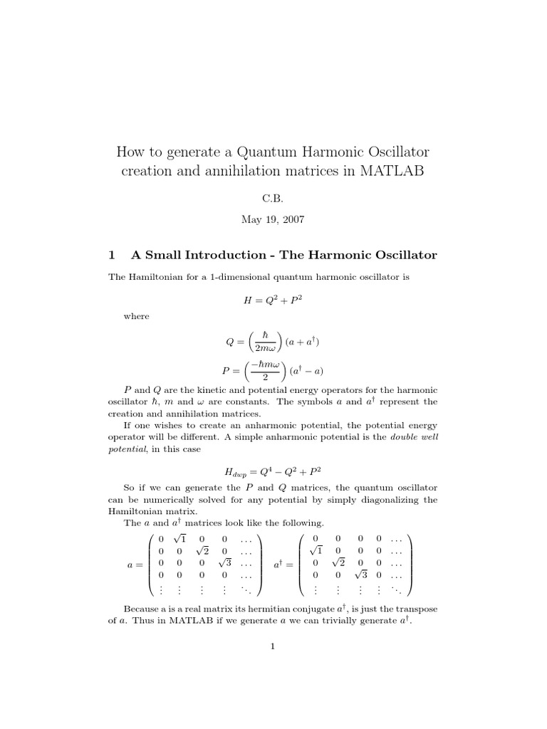 How To Generate A Quantum Harmonic Oscillator in MATLAB | PDF