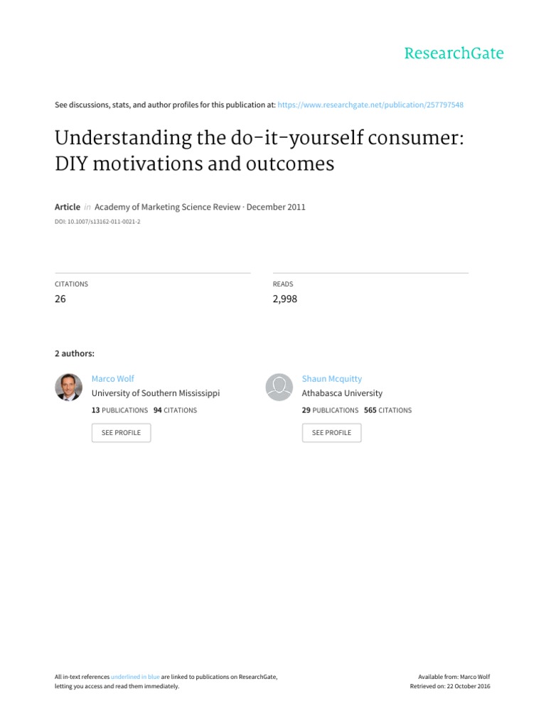Understanding The Diy Consumer Motivations And Outcomes Pdf Do It