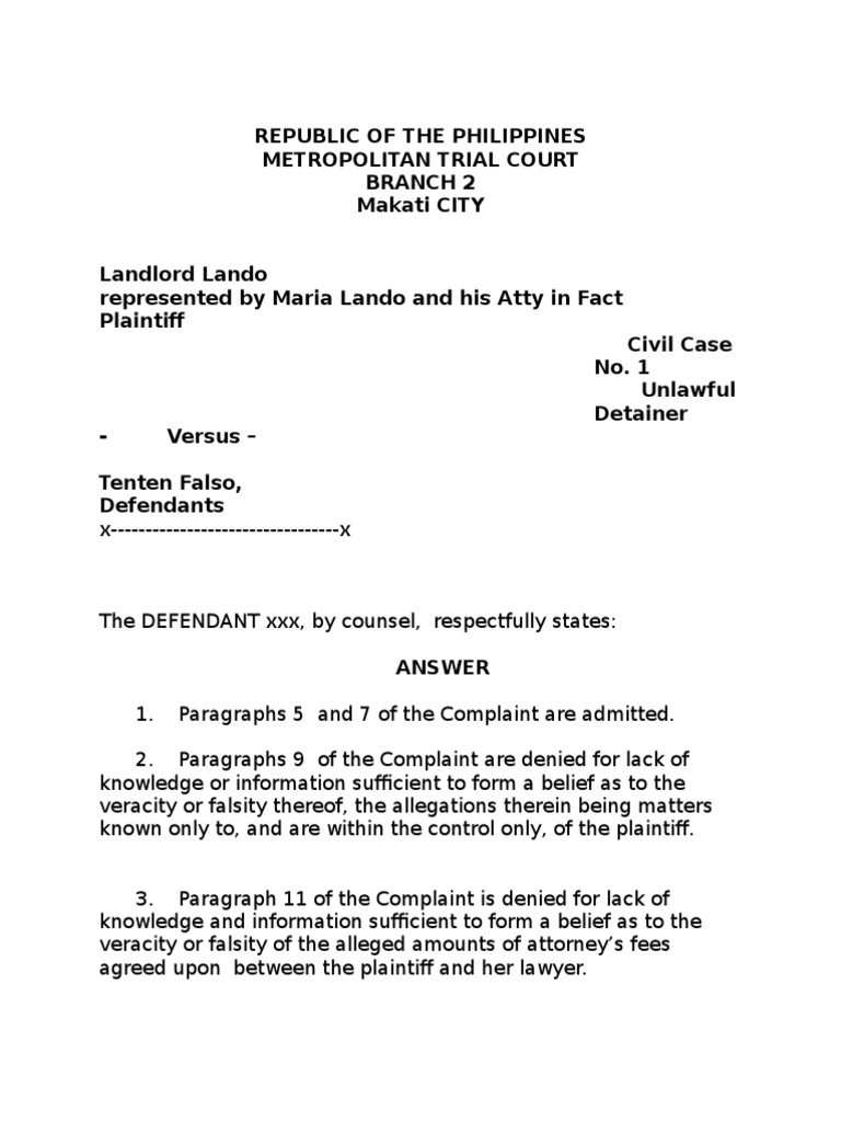 Answer To Complaint | PDF | Lawsuit | Complaint