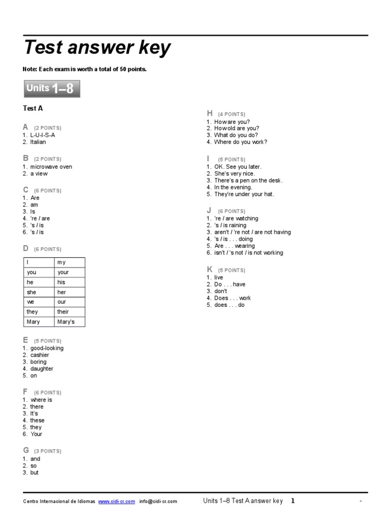 Test Answer Key: Units | PDF