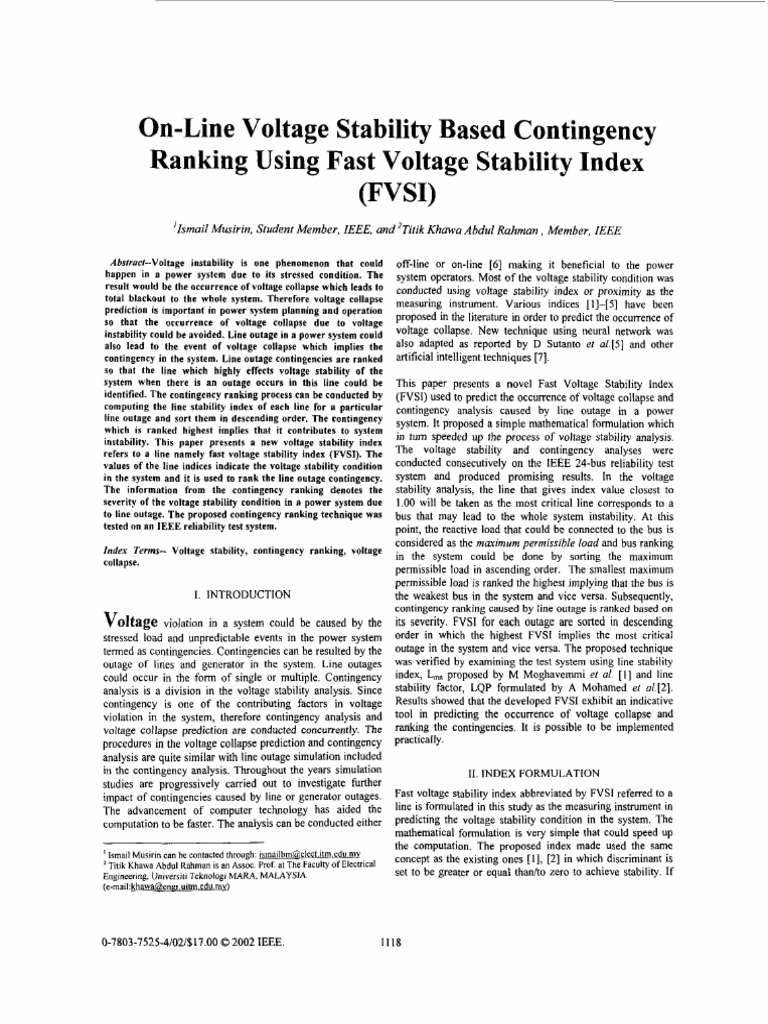 On-Line Voltage Stability Based Contingency Ranking Using Fast Voltage Stability Index (FVSI ...