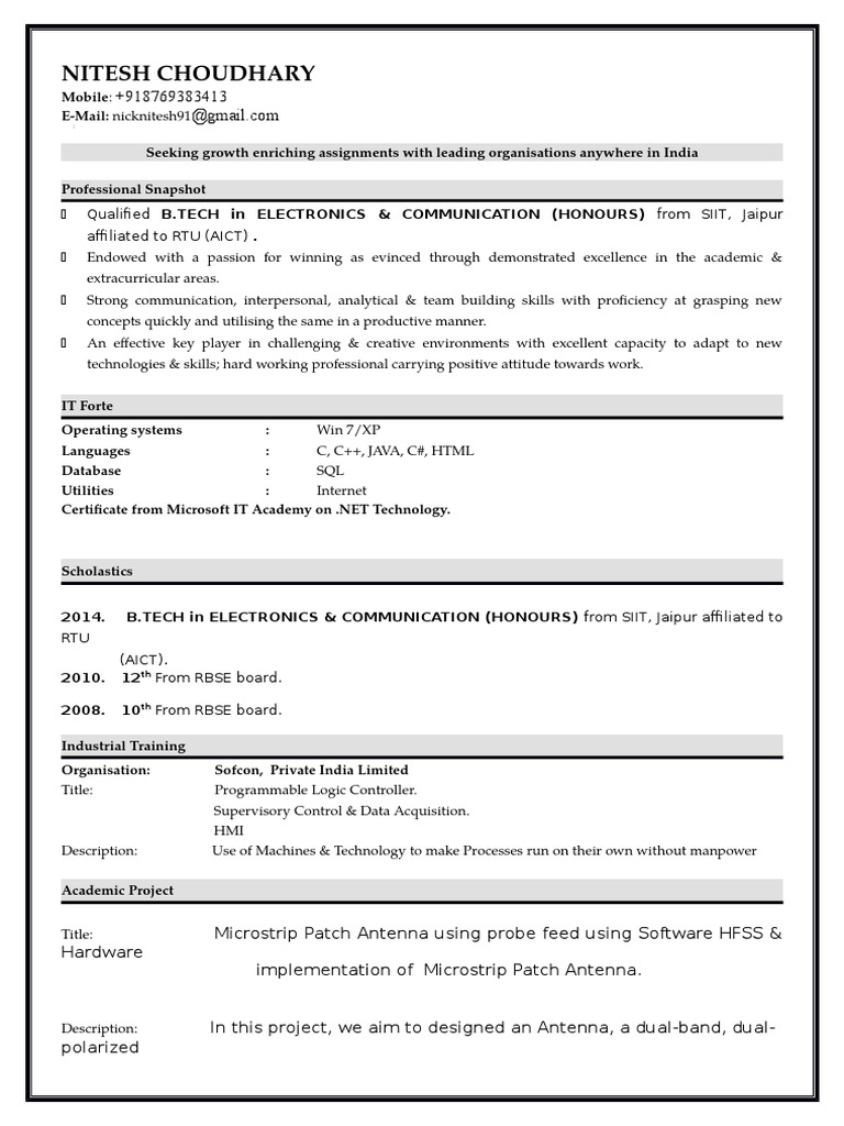 B.Tech Electronics & Communication Resume | PDF