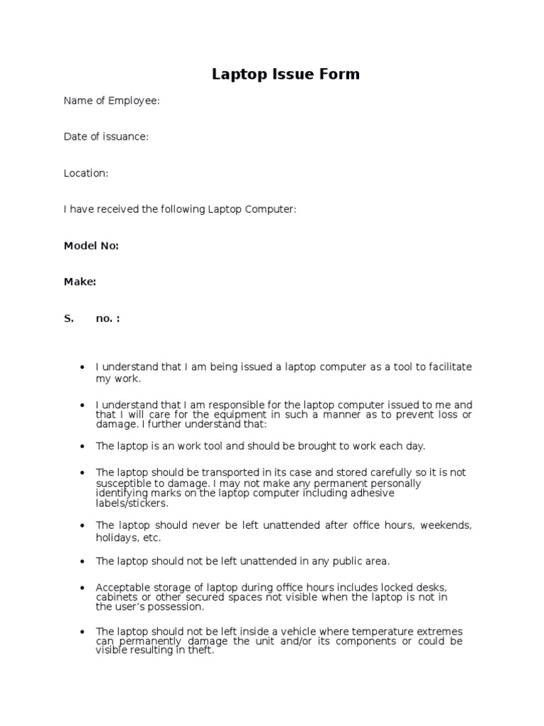 Laptop Issue Form Sample | PDF | Laptop | Employment