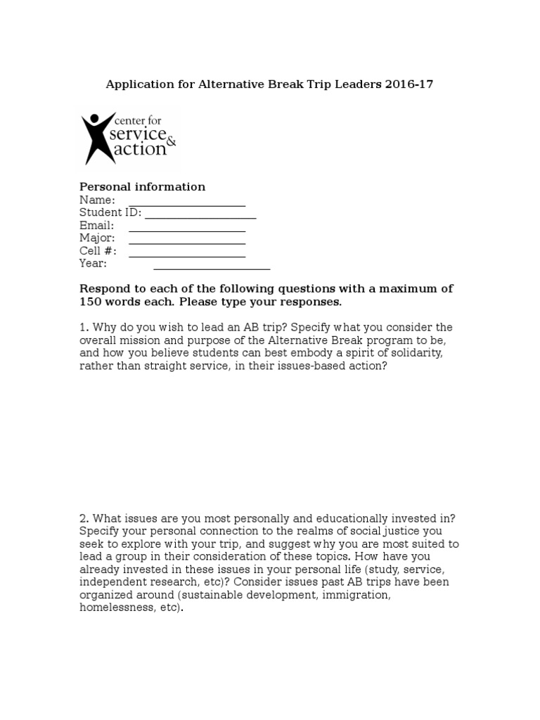 Application For Alternative Break Trip Leaders 2016-17 | PDF | Academic ...