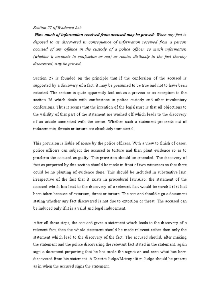 Section 27 of Evidence Act | PDF | Confession (Law) | Discovery (Law)