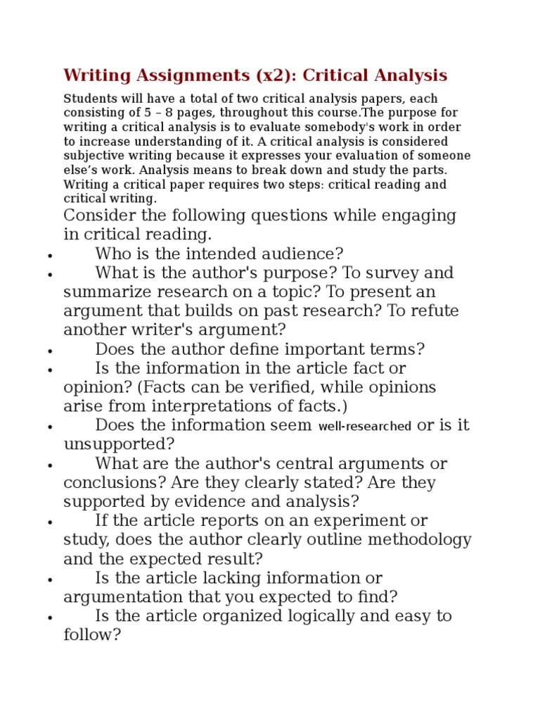 Writing Assignments (x2) : Critical Analysis | PDF | Critical Thinking ...