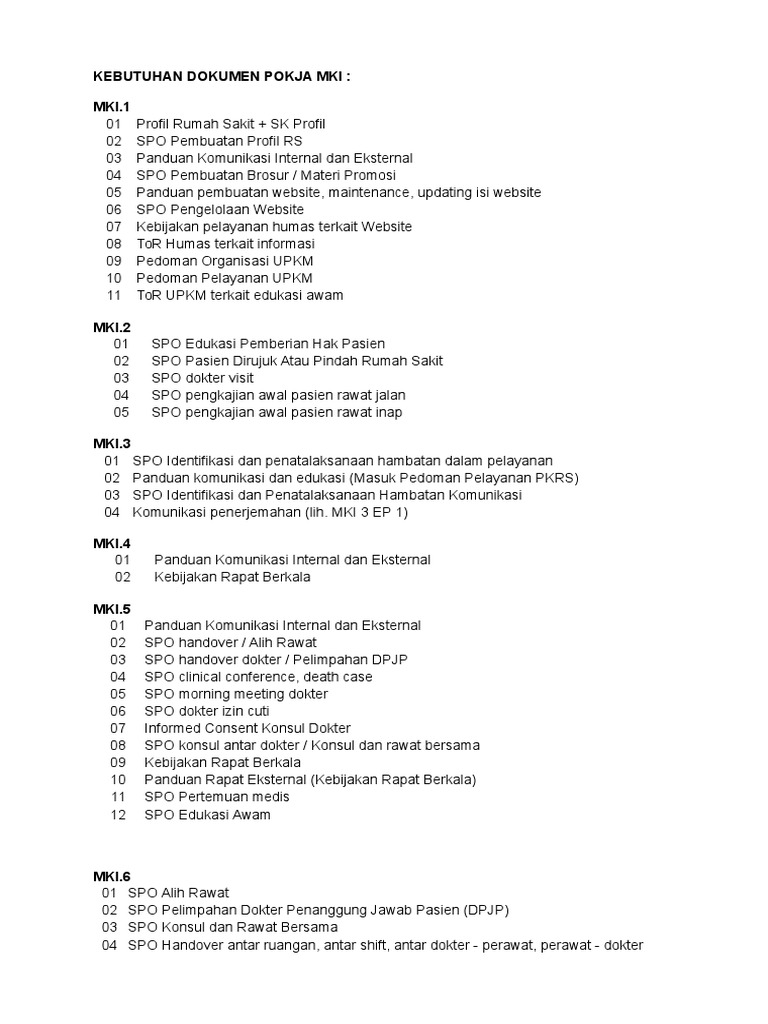Kebutuhan Dokumen Pokja Mki | PDF