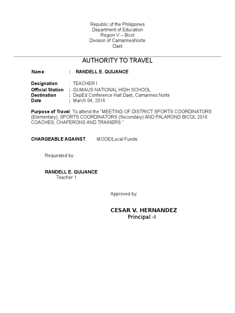 Authority To Travel Form | PDF | Sharing | Quality Of Life